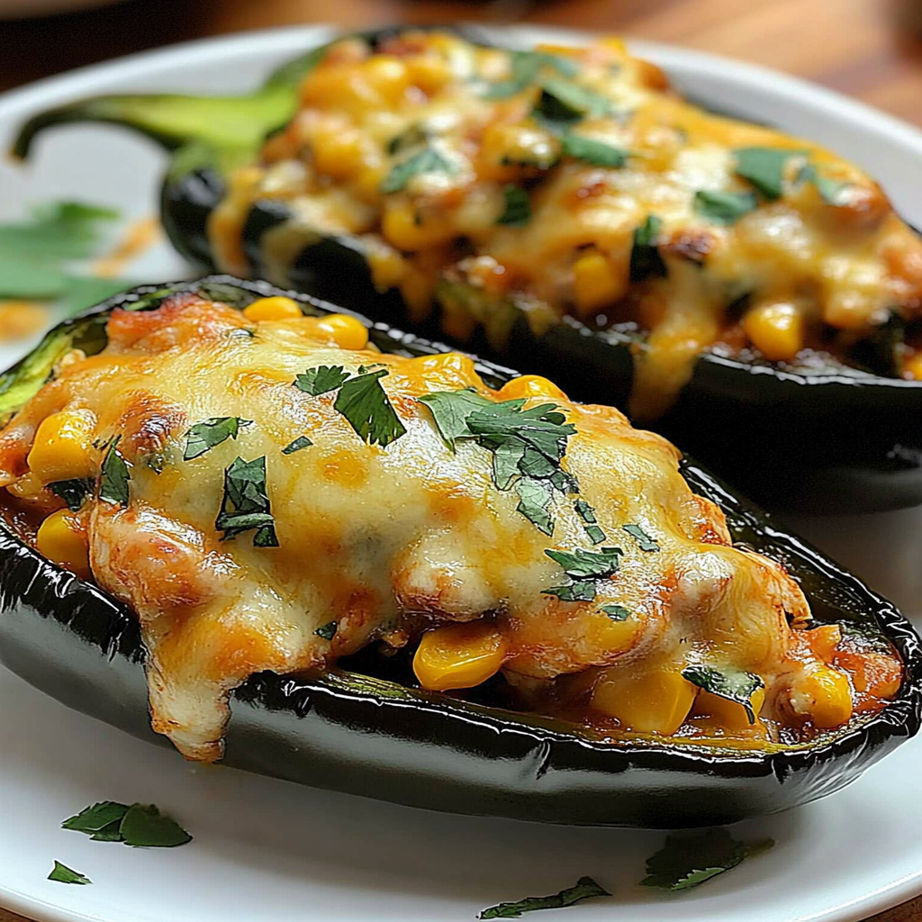 Cheesy Chicken and Corn Stuffed Poblano Peppers