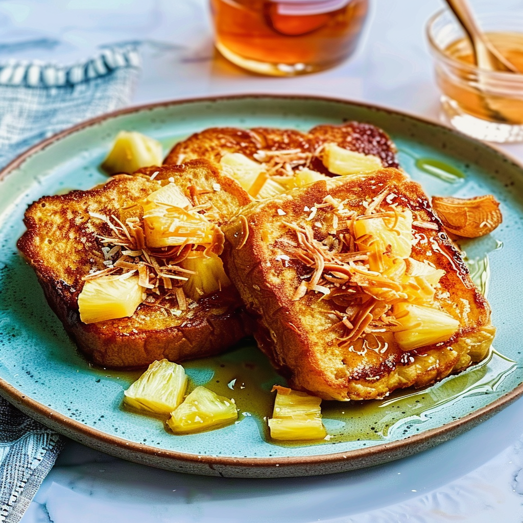 Friendsgiving Tropical French Toast with Pineapple & Coconut Flakes