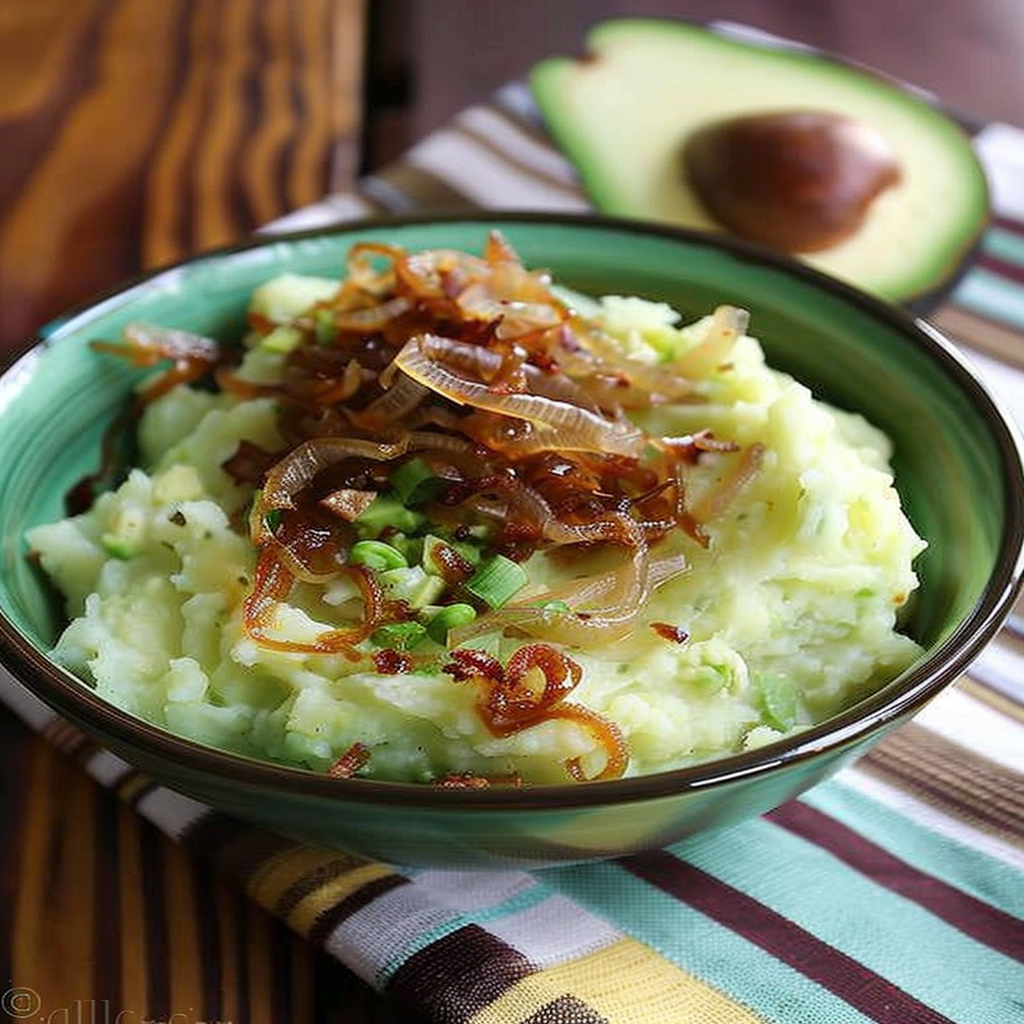 Avocado Mashed Potatoes with Caramelized Shallots