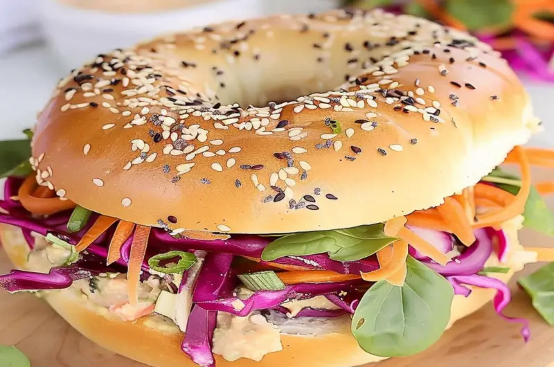 Bagel with Beet Hummus and Carrot Cabbage Slaw