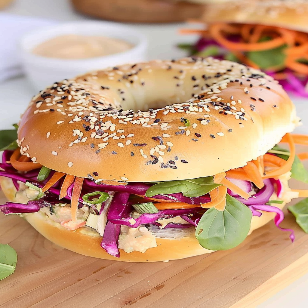 Bagel with Beet Hummus and Carrot Cabbage Slaw