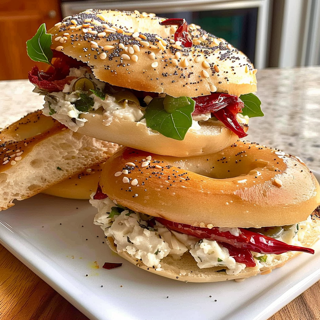 Bagel with Olive Tapenade Roasted Pepper Fresh Herbs