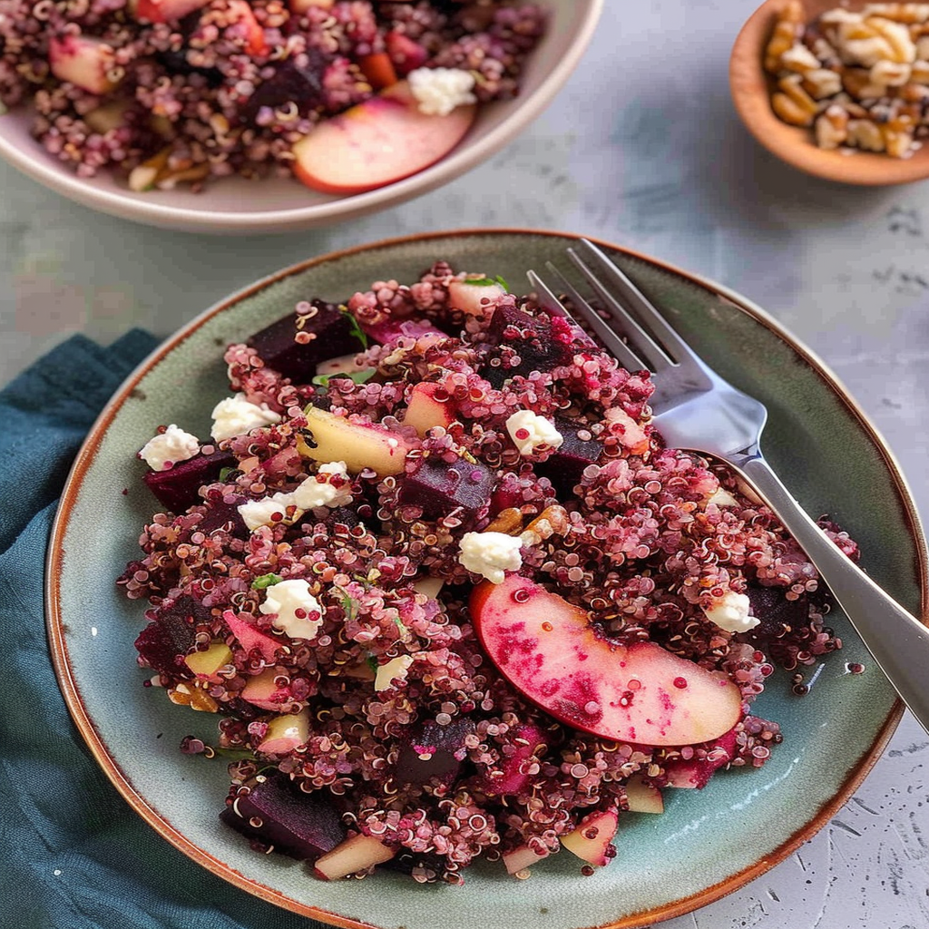 Beet Quinoa Salad with Feta, Apple, and Walnut Dressing