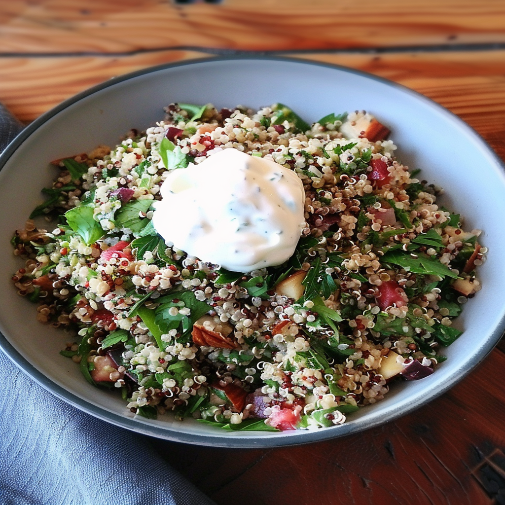 Winter Crunchy Quinoa and Herb Salad with Cumin Yogurt Dressing