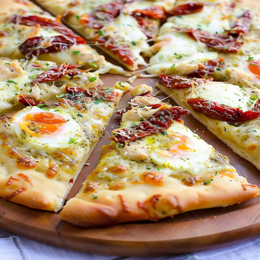 Chicken Pesto Sun-Dried Tomato Egg Pizza - Game Day Delight