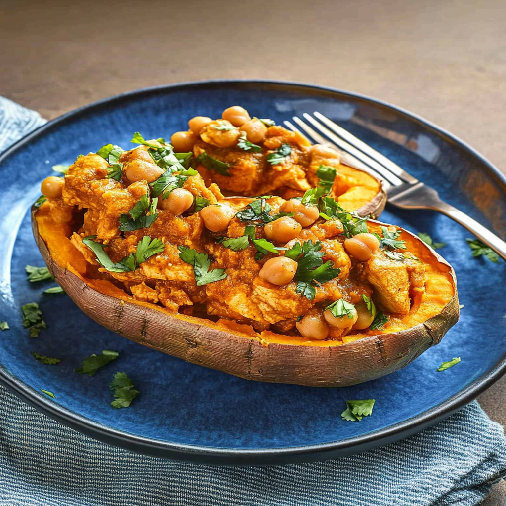 Chicken and Chickpea Curry Stuffed Sweet Potatoes